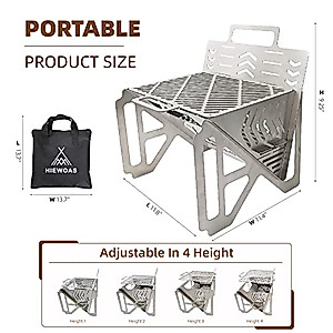 HIEWOAS Portable Fire Pit with BBQ Grill, 304 Stainless Steel Campfire Grill, Camping Firepit Charcoal Grill Outdoor Bon Fire Wood for Car Camping Patio Garden Backyard