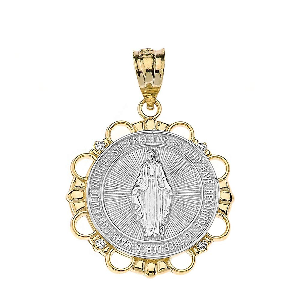 14k Two-Tone Gold Round Blessed Virgin Mary Miraculous Diamond Medal Pendant Necklace, 18"