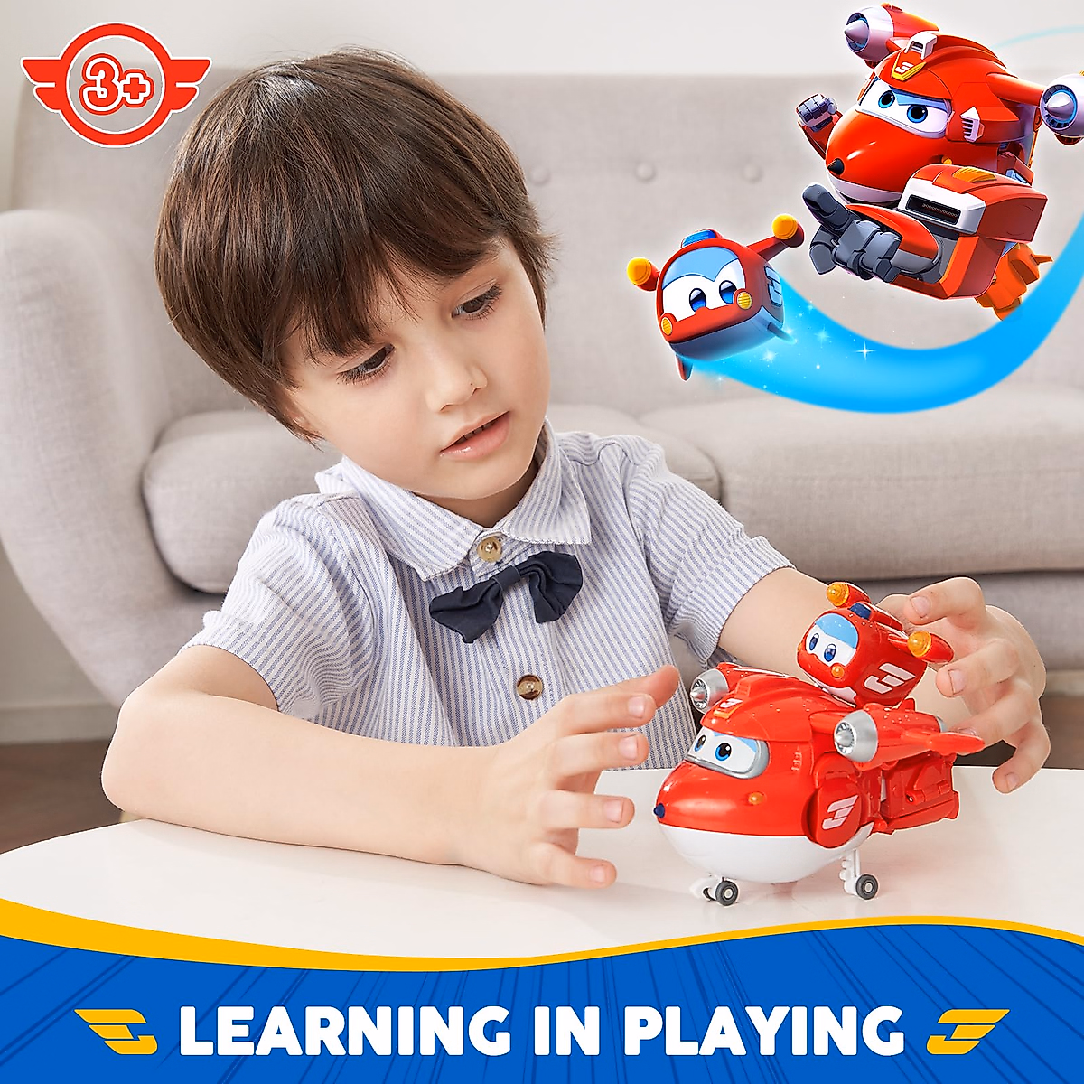 Super Wings - 5" Transforming 2-Pack Supercharged Jett & Super Pet Jett Airplane Toys | New from Season 5 | Airplane to Robot | Preschool Birthday Gifts for 3 4 5 Year Old Kids | with Light Effect