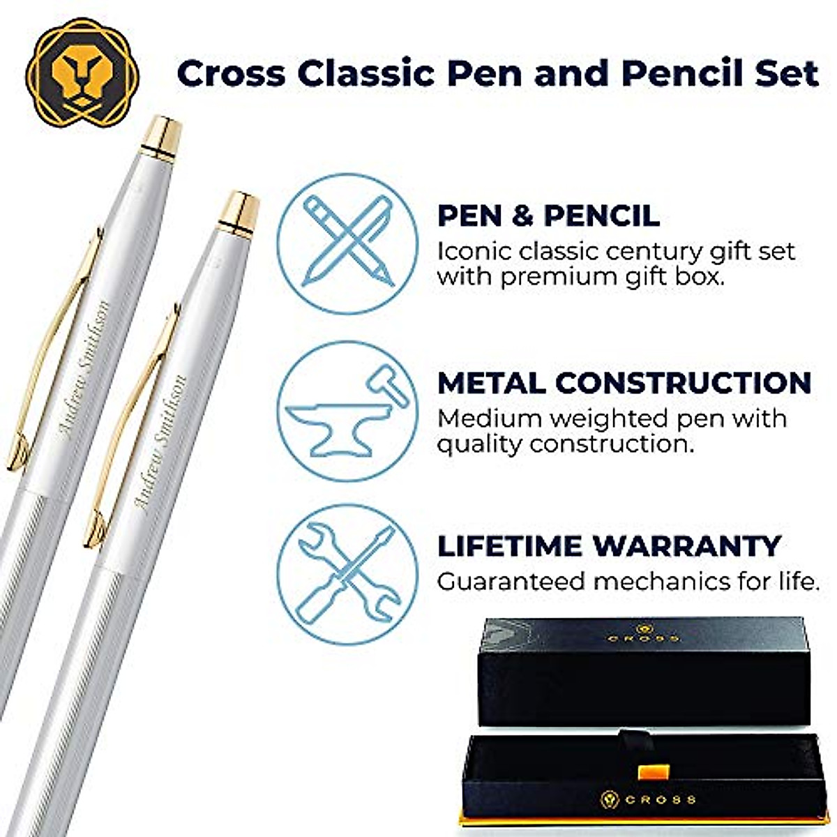 Dayspring Pens Engraved Cross Pen Set | Personalized Cross Classic Century Medalist Pen & Pencil Set. Custom Engraved With Your Name or Message