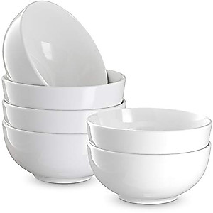 KooK Ceramic Cereal Bowls, Microwave, Dishwasher and Freezer Safe, Porcelain Dishes for Soup, Pasta, Salad, Oatmeal, Deep Interior, 24 oz (White 6 Inch)