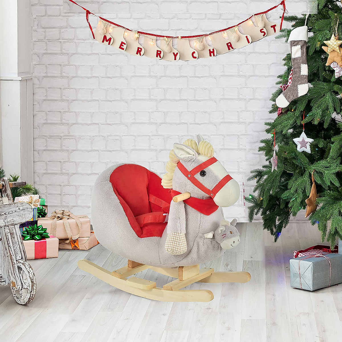 Qaba Kids Ride-On Rocking Horse Toy, Rocker with Lullaby Song, Hand Puppets & Soft Plush Fabric for Children 18-36 Months, Gray