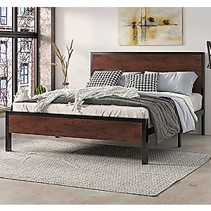 SHA CERLIN Queen Bed Frame with Headboard, Heavy Duty Platform Bed with Under-Bed Storage, Solid Wood Slats & Metal Construction, No Box Spring Needed, Easy Assembly, Saddle Brown