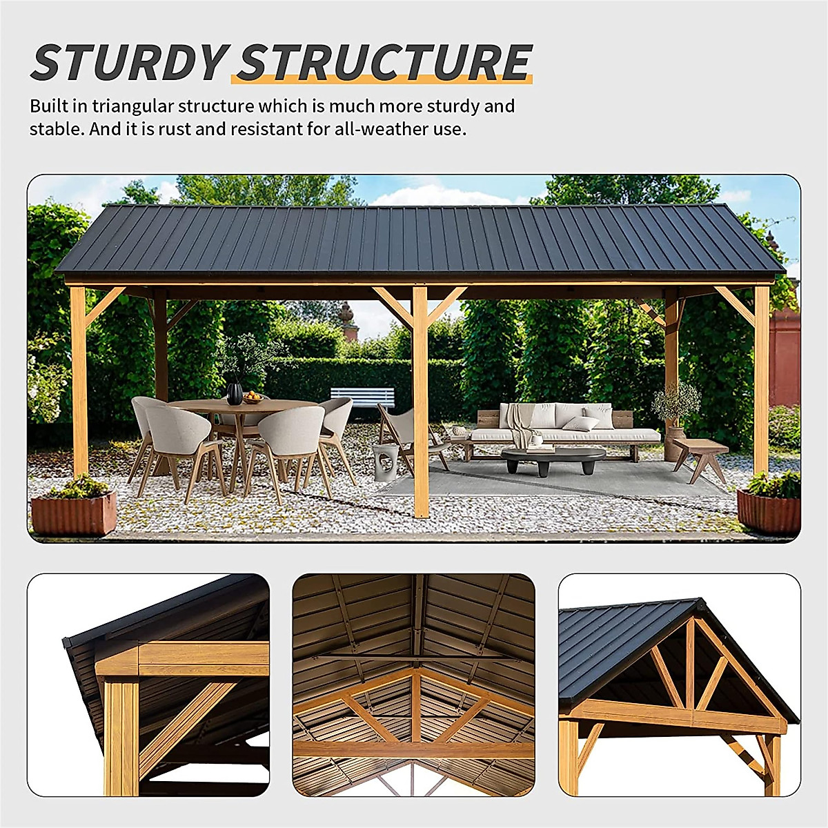 Evedy 12' x20' Wood Hardtop Gazebo, Solid Wood Hardtop Pavilion, Galvanized Steel Gable Roof Gazebo Pergola with Wood Grain Aluminum Frame, for Patio, Lawn, Garden, Easy Installation