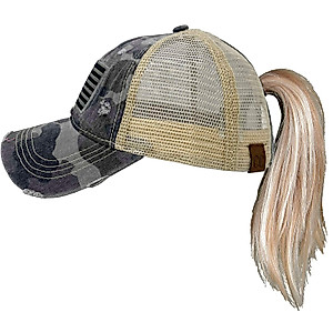 Mesh Ponycap: American Flag - Black Camo
