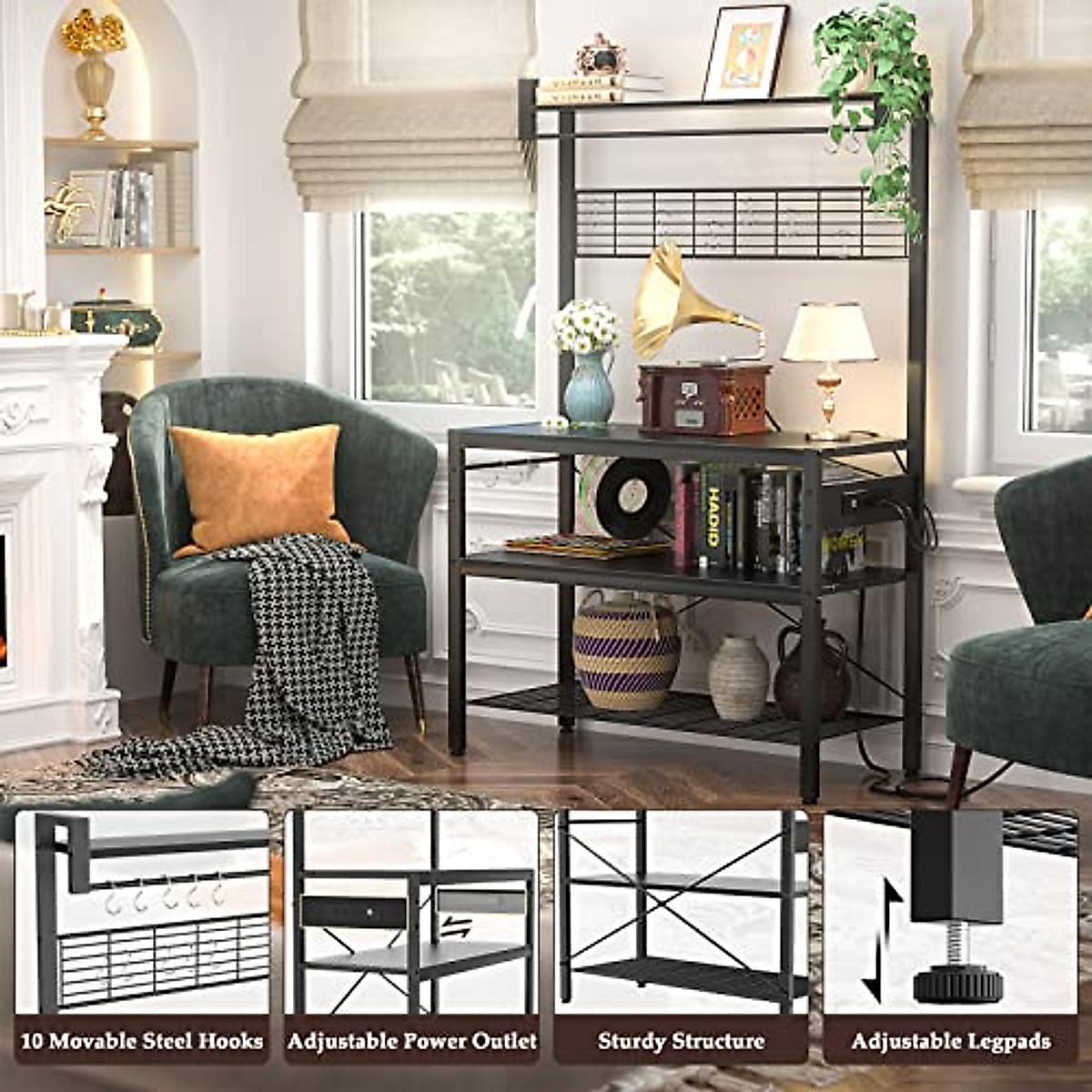 Bakers Rack with Power Outlet, 4-Tier Microwave Oven Stand, Coffee Bar Station with 10 Hooks, Large Kitchen Storage Shelf with Hutch, Black