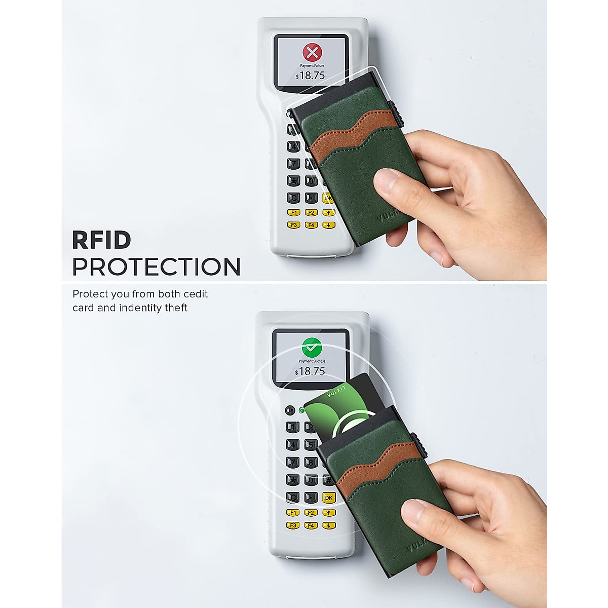 VULKIT Credit Card Holder Minimalist Slim Pop Up Wallet with Leather Slots RFID Blocking for Men and Women Holds 7 Cards and Notes Green