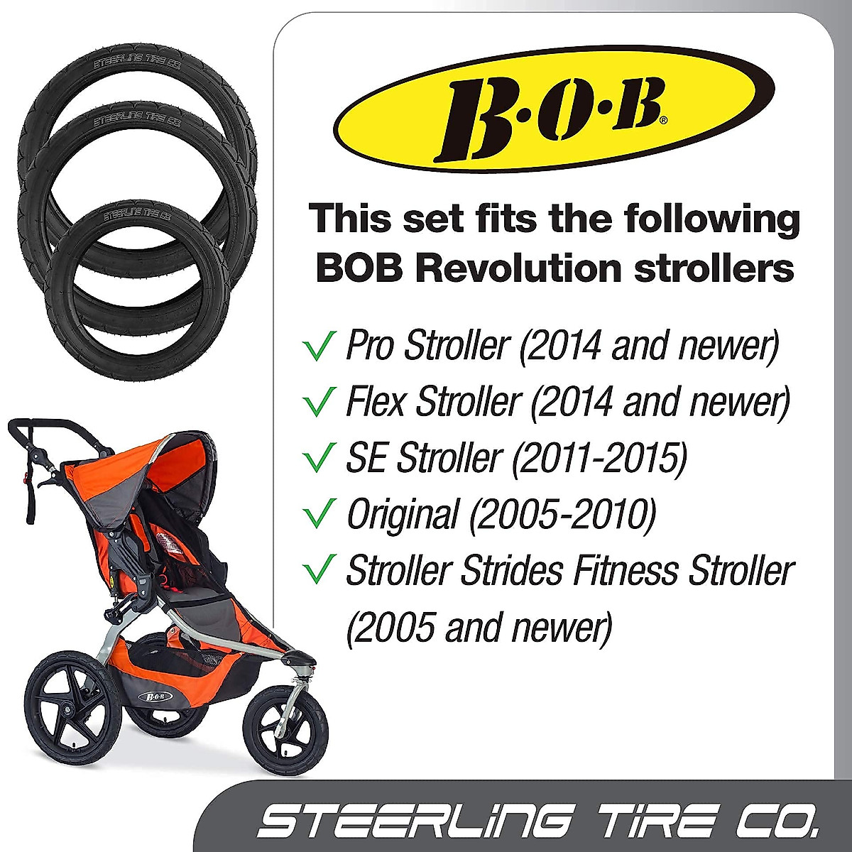 Two 16" x 1.75 Rear and One 12.5" x 2.25 Front Wheel Replacement Tires for Jogging Strollers - The Perfect BOB Stroller Tire Replacement Set by Steerling Tire Co. (3-Pack)