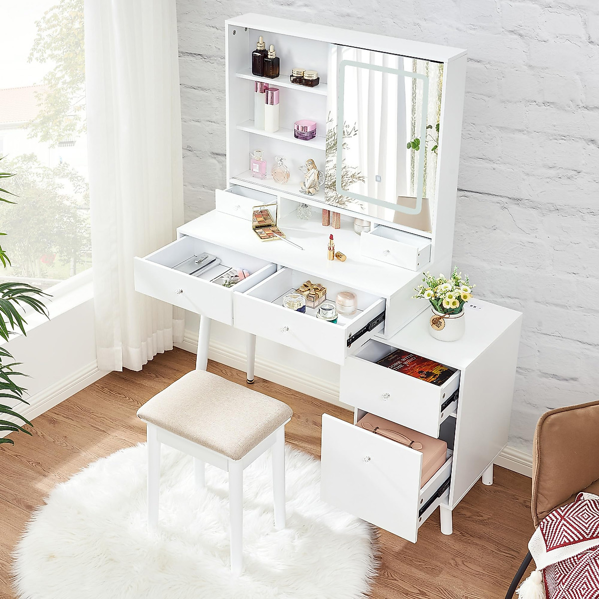 BEWISHOME Vanity Desk, White Vanity with Charging Station & Nightstand, Makeup Desk Makeup Vanity with Lights with 3 Colors Modes, Makeup Table Vanity Table with Sliding Mirror Dressing Table FST19W