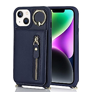 DEYHU iPhone 13 Mini Case with Card Holder for Women, iPhone 13 Mini Phone Case Wallet with Strap Credit Card Slots Crossbody with Kickstand Zipper Case for iPhone13mini - Blue