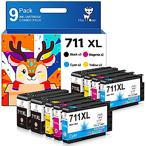 Miss Deer 711XL Ink Cartridges Replacement for 711 711XL,Work for Designjet T120 T520 24-in T520 36-in Printers(3 Black, 2 Cyan, 2 Magenta, 2 Yellow) 9 Pack