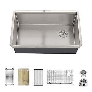 Sinber 30" x 19" x 10" Undermount Single Bowl Workstation Kitchen Sink with 16 Gauge 304 Stainless Steel Satin Finish 6 Accessories KSS0002S-OJ