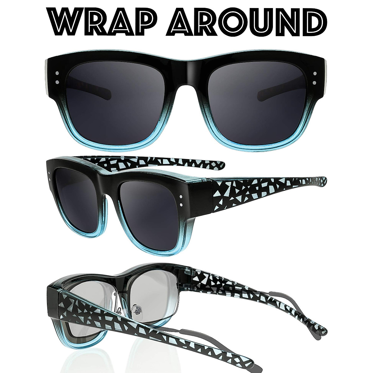 The Fresh High Definition Polarized Wrap Around Shield Oversized Sunglasses for for Large Prescription Glasses - Gift Box Package (F613-Crystal Black/Blue for Large Glasses, Grey)