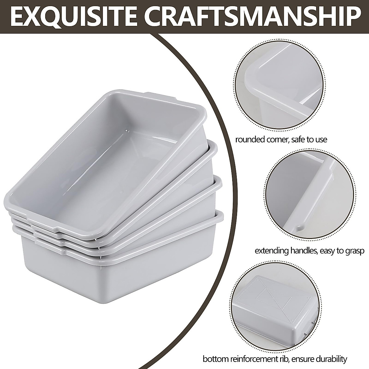 Doryh 4-Pack 8 L Small Commercial Bus Tub, Grey Dish Pans for Washing Dishes