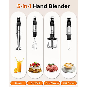 KOIOS Immersion Blender, 1100W Trigger Variable Speed Hand Blender, 5-in-1 Immersion Blender Handheld, Anti-scratch Stick Blender with Chopper, Whisk, Beaker and Frother, Non-BPA