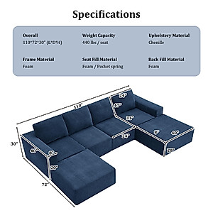 Minimalist Style Modular Sectional Sofa, Luxury Chenille Fabric Cloud Couch with Movable Ottoman, Sleeper Sofa Bed for Living Room, No Assembly Require-Blue
