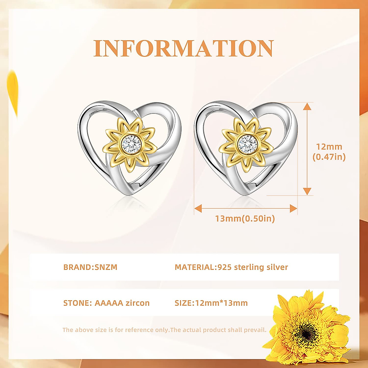 SNZM Stud Earrings for Women, S925 Sterling Silver Sunflower Earrings for Women, Dainty Heart Stud Earrings Ear Wrap Jewelry for Valentine's Day/Birthday Gift