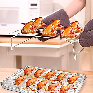 Baking Sheet and 2-Tier Cooling Racks Set, P&P CHEF Stainless Steel Baking Pan Tray with Stackable Cooking Wire Rack for Cookie Bacon Meat, Uncoated & Non-toxic, Mirror Finish& Dishwasher Safe - 3Pcs