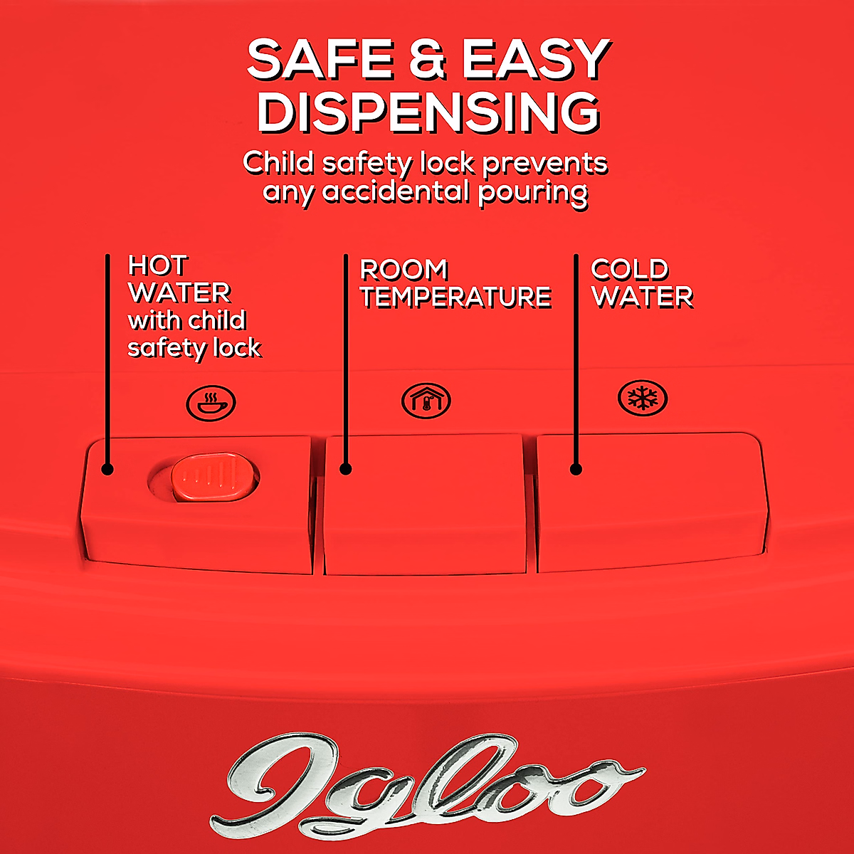 Igloo Retro Bottom Load Water Dispenser, Hot, Cold or Room-Temperature Water, Holds 3 or 5 Gallon Bottles, Child Safety Lock, Perfect for Homes, Kitchens, Dorms, Red