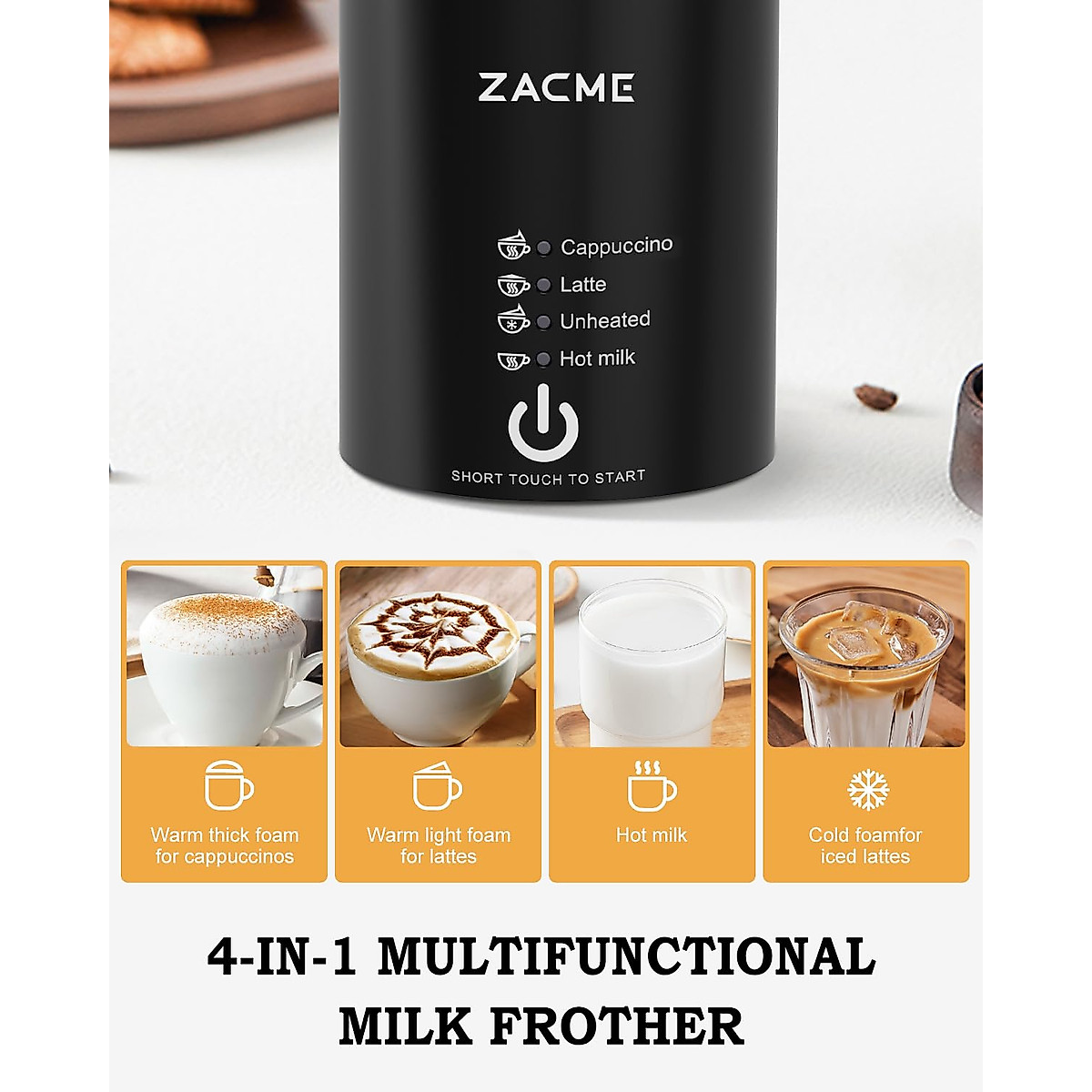 ZACME Milk Frother, 4 in 1 Electric Milk Steamer, Automatic Hot and Cold Foam Maker and Milk Warmer for Coffee, Latte, Cappuccino, Macchiato, Hot Chocolate Black