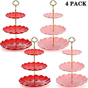 DEAYOU 4 Pack 3-Tier Cupcake Stand, Plastic Dessert Stand Display Tower, Tiered Cake Stands Serving Trays with Gold Rod, Pastry Rack Holder Platter for Buffet, Party, Wedding, Home Decor, Pink, Red