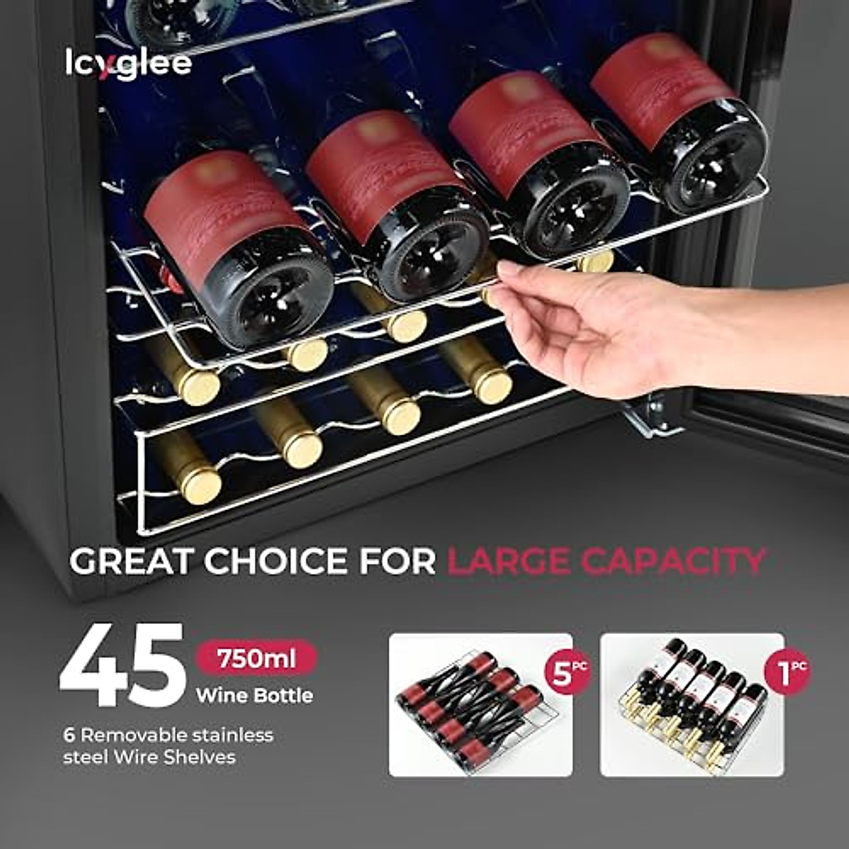 Icyglee 4.5 CU.FT Wine Cooler Refrigerator, Small Built-in Wine Fridge for Red, White and Champagne, Mini Fridge with Adjust Temperature, Black