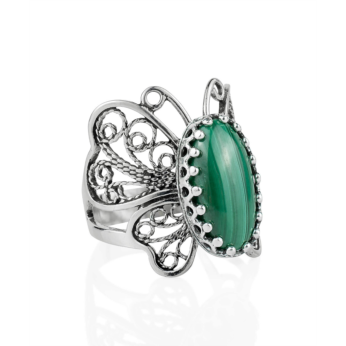 Filigranist Sterling Silver Filigree Art Butterfly Women Cocktail Ring with Gemstones (Malachite, 9)