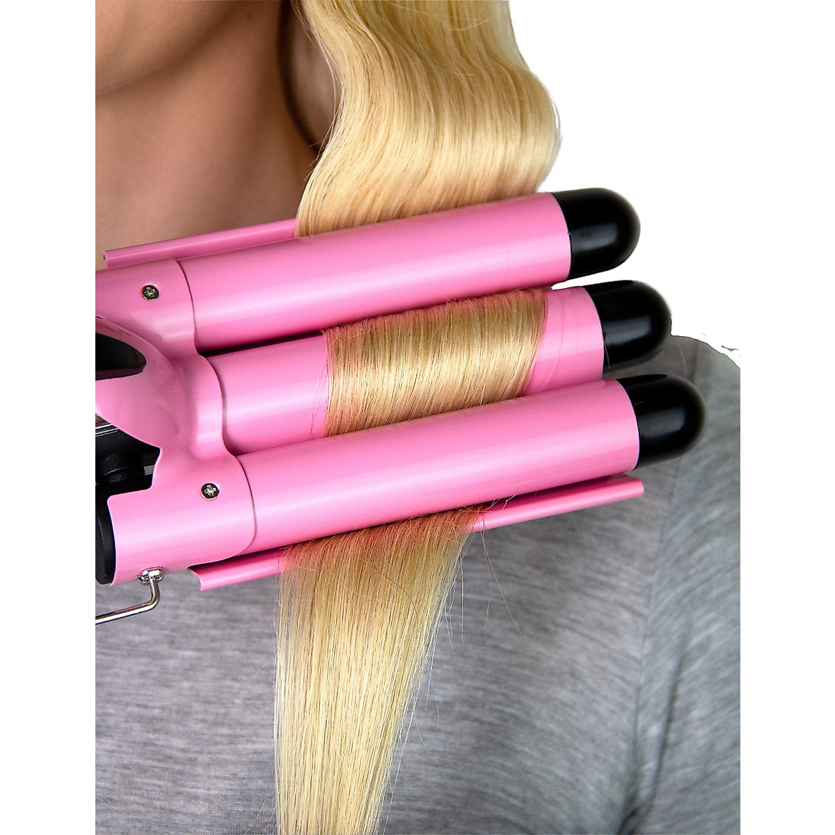 Trademark Beauty Three Barrel Hair Waver, Curling Iron, 1 Inch, Beach Waves, Quick Heat, Babe Waves Original, Adjustable Temperature Hair Curler - Pink