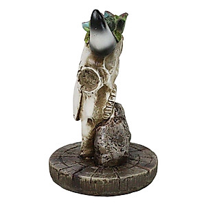 Ebros Gift Southwest Aged Bone Bull Cow Steer Head Skull with Floral Succulents Sculpture On Round Wooden Slice Base As Bisons Steers Cows Fossil Faux Taxidermy Rustic Western Decor Sculpture