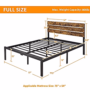 Yaheetech Industrial Platform Bed Frame Full with Wood Headboard and Metal Slats, Rustic Country Bed with Mattress Foundation/12 Inch Underbed Storage/No Box Spring Needed/Strong Slats Support, Brown