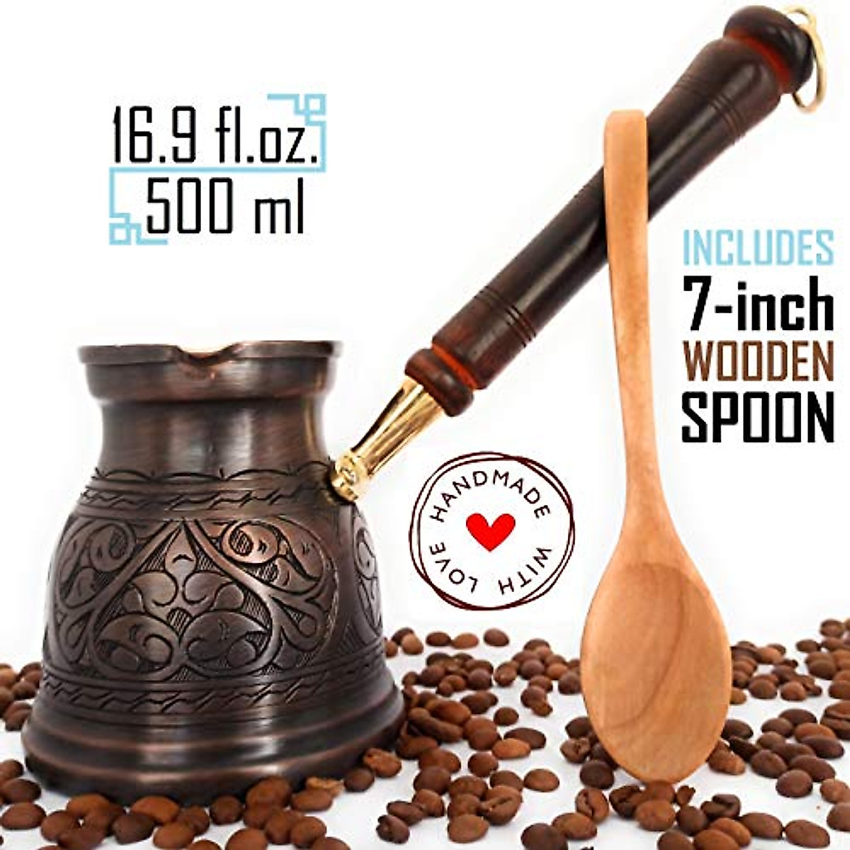 DEDE Copper - IST Series (XLarge-16.9 floz)-Thickest Solid Copper Engraved Turkish Greek Arabic Coffee Pot with Wooden Handle, Stovetop Coffee Maker Cezve, Jezve, Jazva, Jazzve, Ibrik, Briki (Antique)