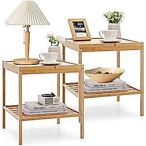 Giantex Bamboo Nightstands Set of 2, Square Bedside Table with Storage Shelf, Natural Wood End Side Table for Bedroom Home Office, Easy Assembly (2)