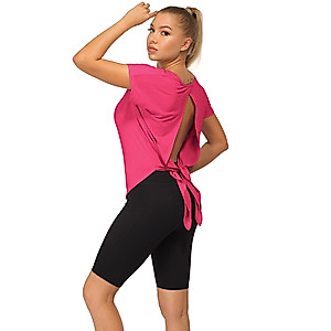 icyzone Open Back Workout Tops for Women - Athletic Activewear T-Shirts Exercise Yoga Shirts (Black/Pink Lychee, S)