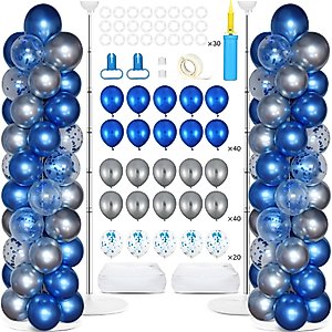 2 Sets Navy Blue and Silver Balloon Column Stand Kit with 100 Balloons Adjustable Balloon Tower Stand with Bases for Floor Blue Confetti Balloon Column Kit for Birthday Wedding Graduation Party Decor