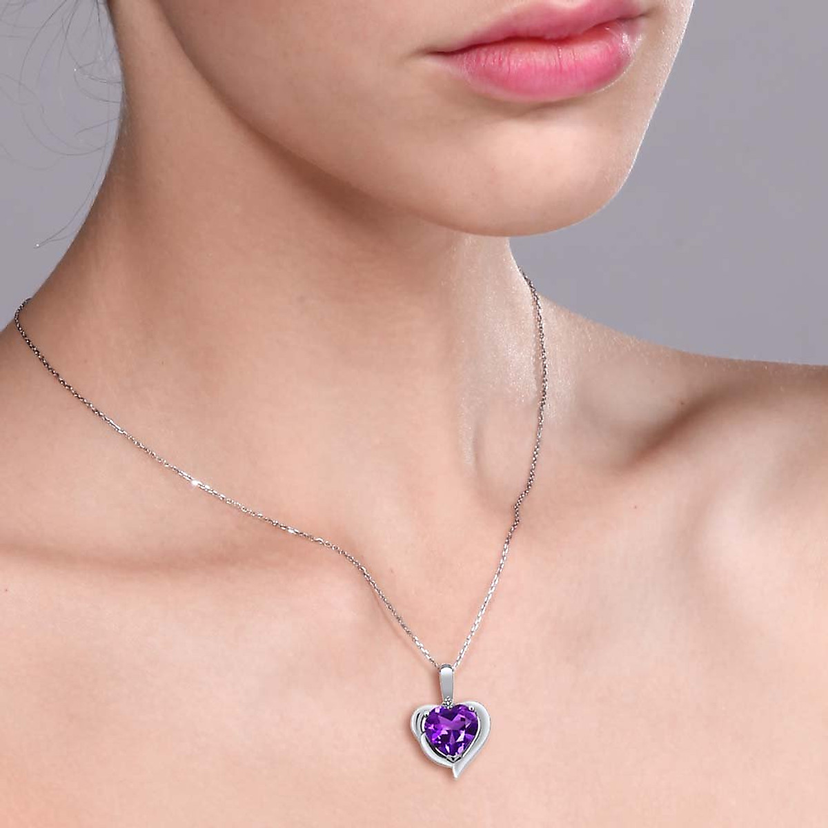 Gem Stone King 925 Sterling Silver Purple Amethyst and White Diamond Heart Shape Pendant Necklace For Women (1.42 Cttw, Heart 8MM, Gemstone February Birthstone, with 18 Inch Chain)