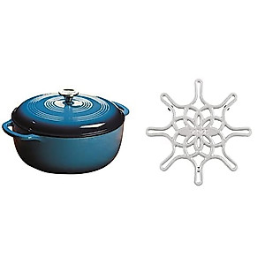 Lodge EC7D33 Enameled Cast Iron Dutch Oven, 7.5-Quart, Caribbean Blue & EC8ST13 Enameled Cast Iron, 8 Inch, Oyster Trivet