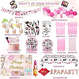 233 PCs Spa Party Supplies for Girls, Hombae Spa Makeup Salon Cosmetics Birthday Decorations Backdrop Balloon Garland Banner Tablecloth Cake Cupcake Topper Plate Napkin Cup Straw Knife Fork Spoon