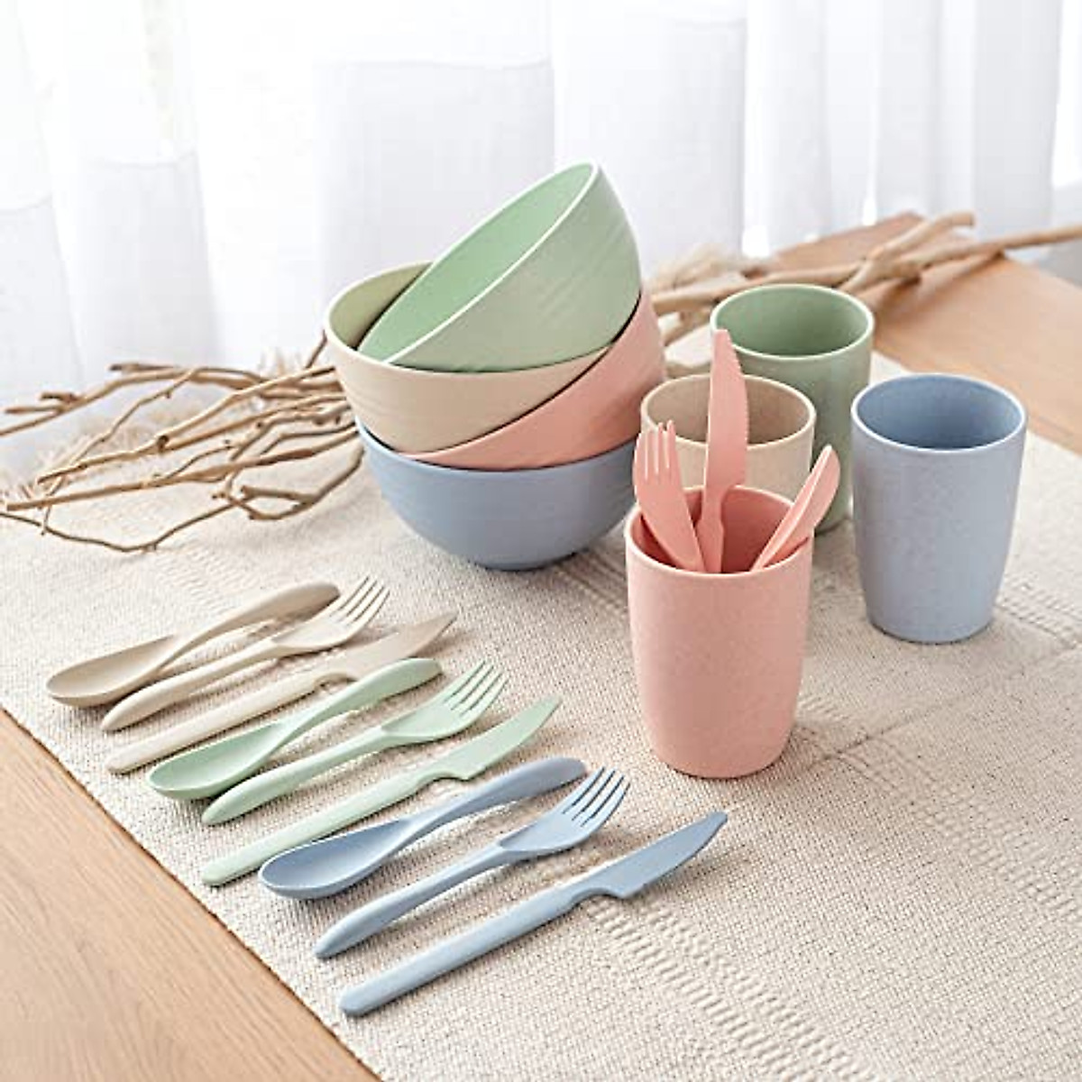 FOODLE Wheat Straw Dinnerware Sets for 4 - Lightweight & Unbreakable Dishes - Microwave & Dishwasher Safe - Perfect for Camping, Picnic, RV, Dorm - Plates, Cups and Bowls - Great for Kids & Adults