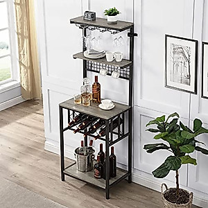 O&K FURNITURE Freestanding Wine Bar Cabinet with Glass Holder, Wine Rack Free Standing Floor, Multifunctinal Wine Cabinet Bar Furniture for Kitchen Dining Room (Gray Finsih)
