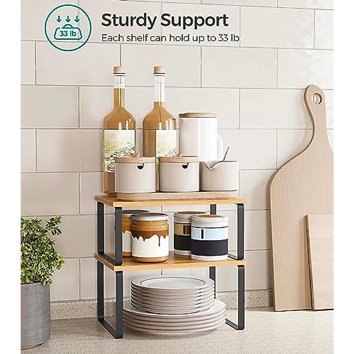 Cabinet Organizer Shelf, Set of 2 Kitchen Counter Shelves, Kitchen Storage, Spice Rack, Stackable, Expandable, Metal and Engineered Wood, Black and Natural (Black & Natural)