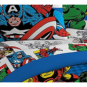 Jay Franco Marvel Comics Full Sheet Set-Features Captain America, Hulk, Iron Man, Spiderman, and Thor, Good Guys Blue