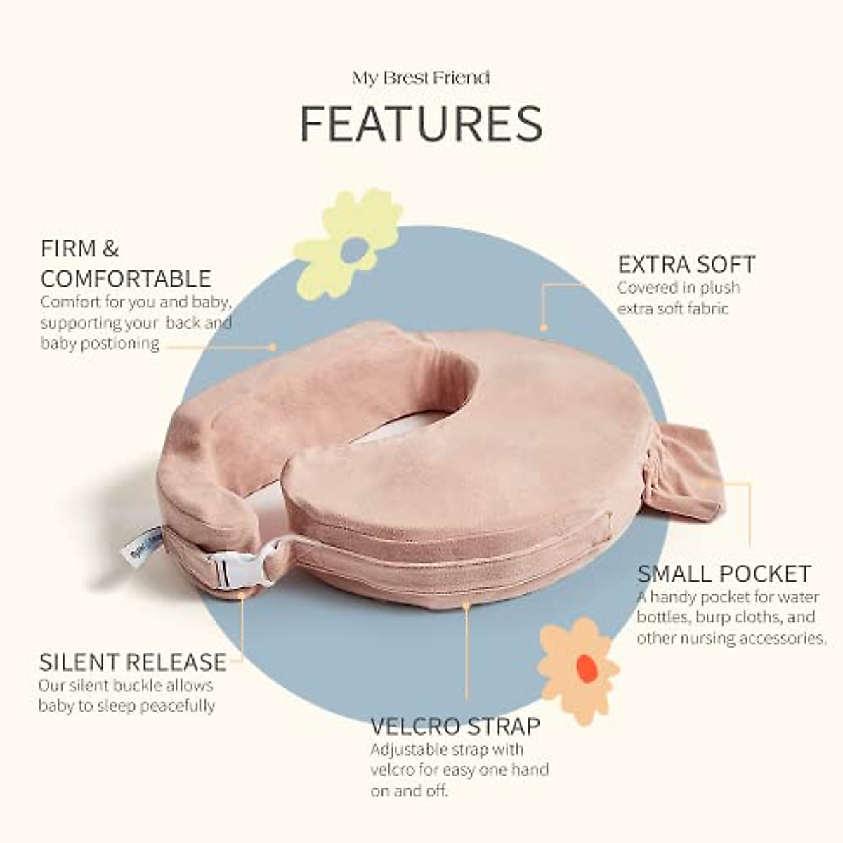 My Brest Friend Deluxe Nursing Pillow for Breastfeeding & Bottle Feeding, Enhanced Posture Support, Double Straps & Removable Extra Soft Slipcover, Soft Rose