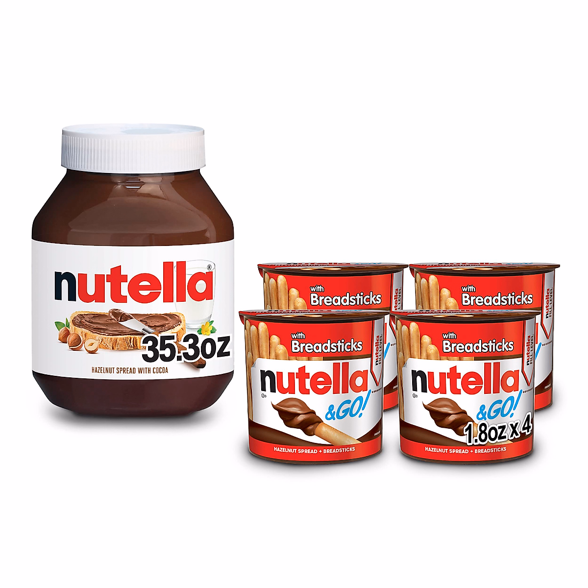 Nutella and Nutella & GO! Bundle, Hazelnut Spread with Cocoa Jar and Snack Packs with Breadsticks, 35.3 oz Jar​ and 4-Pack