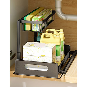 JPSDOWS Under Sink Organizer Storage for Kitchen Cabinet 2 Tier Metal Sliding Pull out Drawer Shelf Basket Organization Rack Multi-purpose for Bathroom Countertop Black
