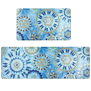 FRAMICS Boho Kitchen Rugs and Mats Cushioned Anti-Fatigue Kitchen Rug, Waterproof Non-Slip Kitchen Mats and Rugs, Memory Foam Bohemian Kitchen Floor Mat for Home Office Laundry, 18" x 48" + 18" x 30"