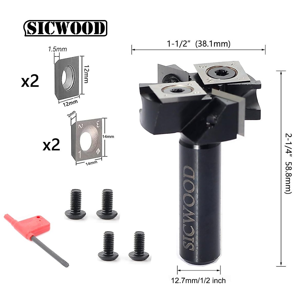 SICWOOD Slab Flattening Router Bits 1/2 Shank, 1-1/2”Cut Dia, 2+2 Insert Carbide, CNC Spoilboard Surfacing Router Bits, Planing Router Bits, for Flycutter/ Slab Leveler/ Rabbeting