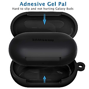 Galaxy Buds Plus 2020/Galaxy Buds 2019 Case, KMMIN Full-Body Shock Protective Samsung Buds Silicone Cover with 5-in-1 Accessories Storage Bag/Carabiner/Lanyard/Brush [Front LED Visible], Black