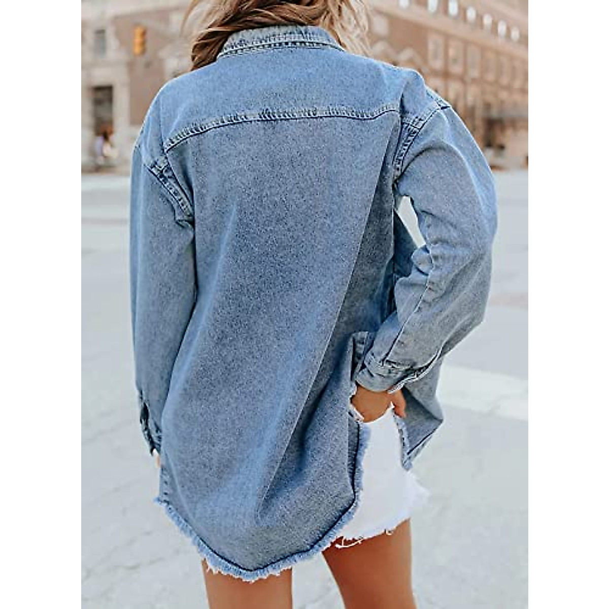 Dokotoo Women's Washed Boyfriend Oversized Lapel Button Up Long Sleeve Denim Trucker Jacket Distressed Ripped Denim Jackets Fashion Distressed Jean Jacket for Women with Pockets, (US 8-10) M,Sky Blue