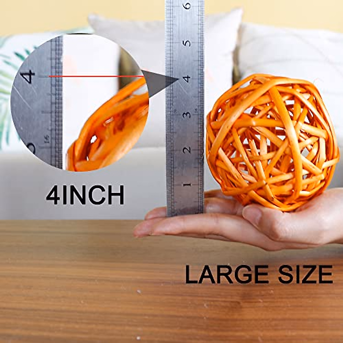 Qingbei Rina 6 PCS Wicker Rattan Balls,4 Inch Orange Decorative Balls,Large Rattan Balls,Spring Wicker Balls,Bowl Vase Fillers for Table Centerpieces,Home Wedding Holiday Decor Gifts