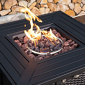 COSIEST Outdoor Metal Fire Table, 28-inch Square Black Brown Fire Pit Outdoor Companion, Auto-Ignition Fire Bowl w Imitation Wicker Base, Internal Propane Tank, Free Brown Lava Rocks